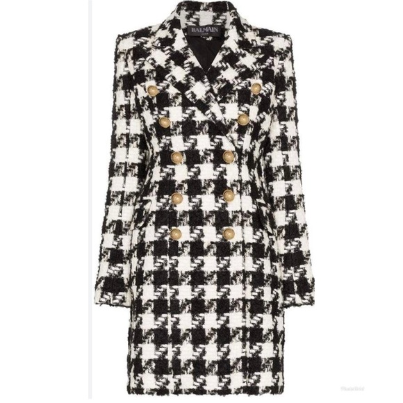 Balmain | Jackets & Coats | Balmain Houndstooth Double Breasted Gold Button Midi Coat | Poshmark